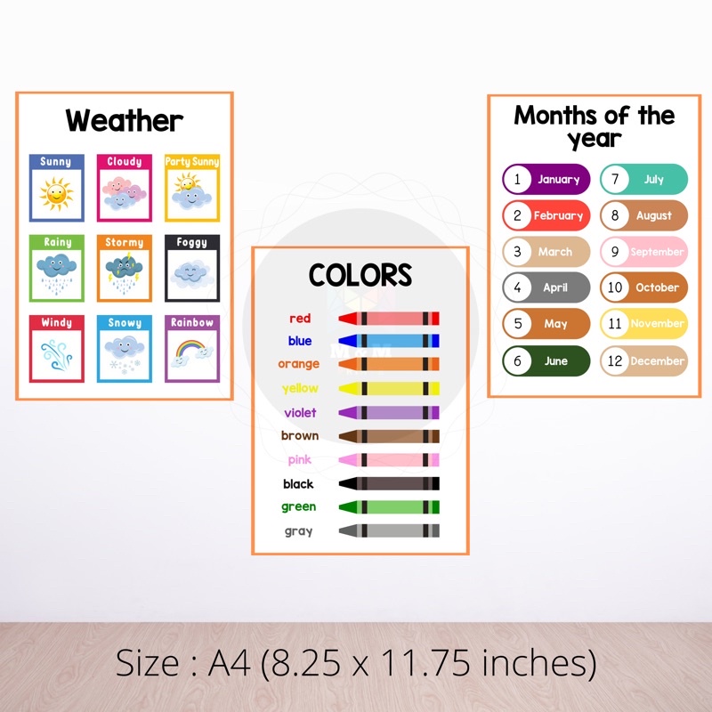 LAMINATED CHARTS FOR KIDS| A4| WEATHER| COLORS| MONTHS OF THE YEAR ...