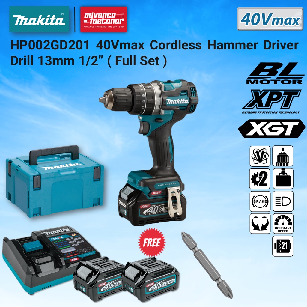 MAKITA HP002GD201 / HP002GA201 / HP002GZ 40Vmax Cordless Hammer Driver Drill 13MM (1/2 ...