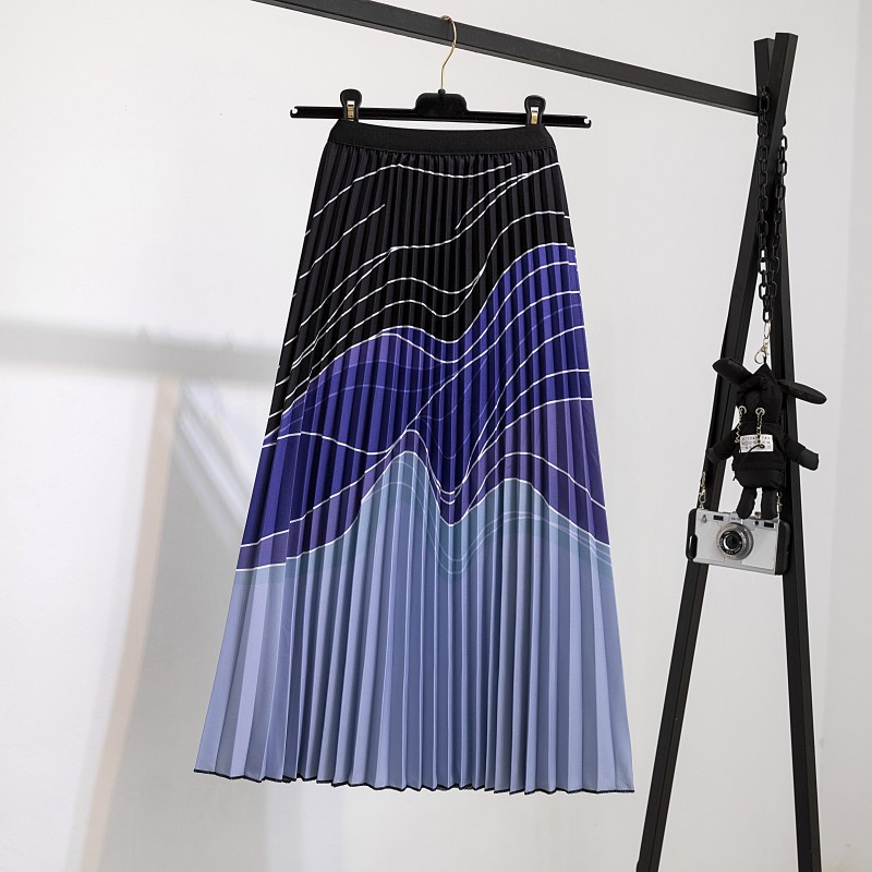 New Printed Pleated Skirt Mid Length Pleated Skirt Elastic Waist ...