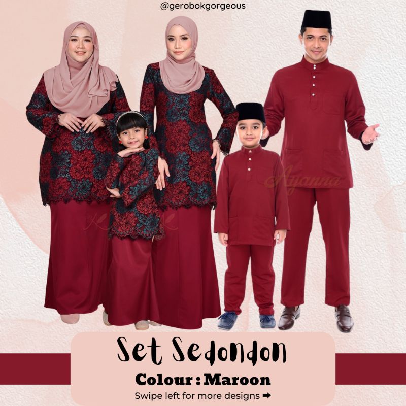 Baju Raya Sedondon Tema Warna Maroon (Merah Gelap) Set Family Ayah Ibu ...