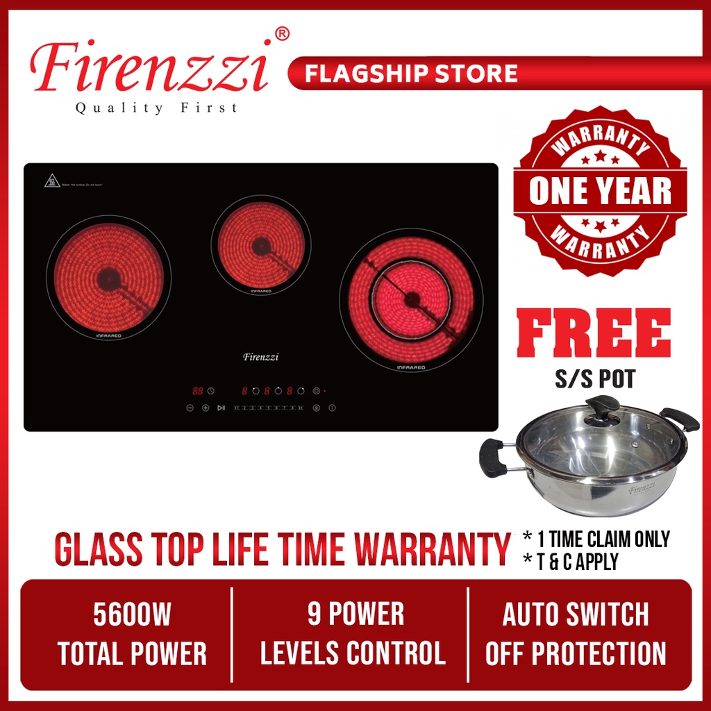 Firenzzi FRR-3288 Three Cooking Zones Ceramic Hob FREE S/S Pot (Bubble ...