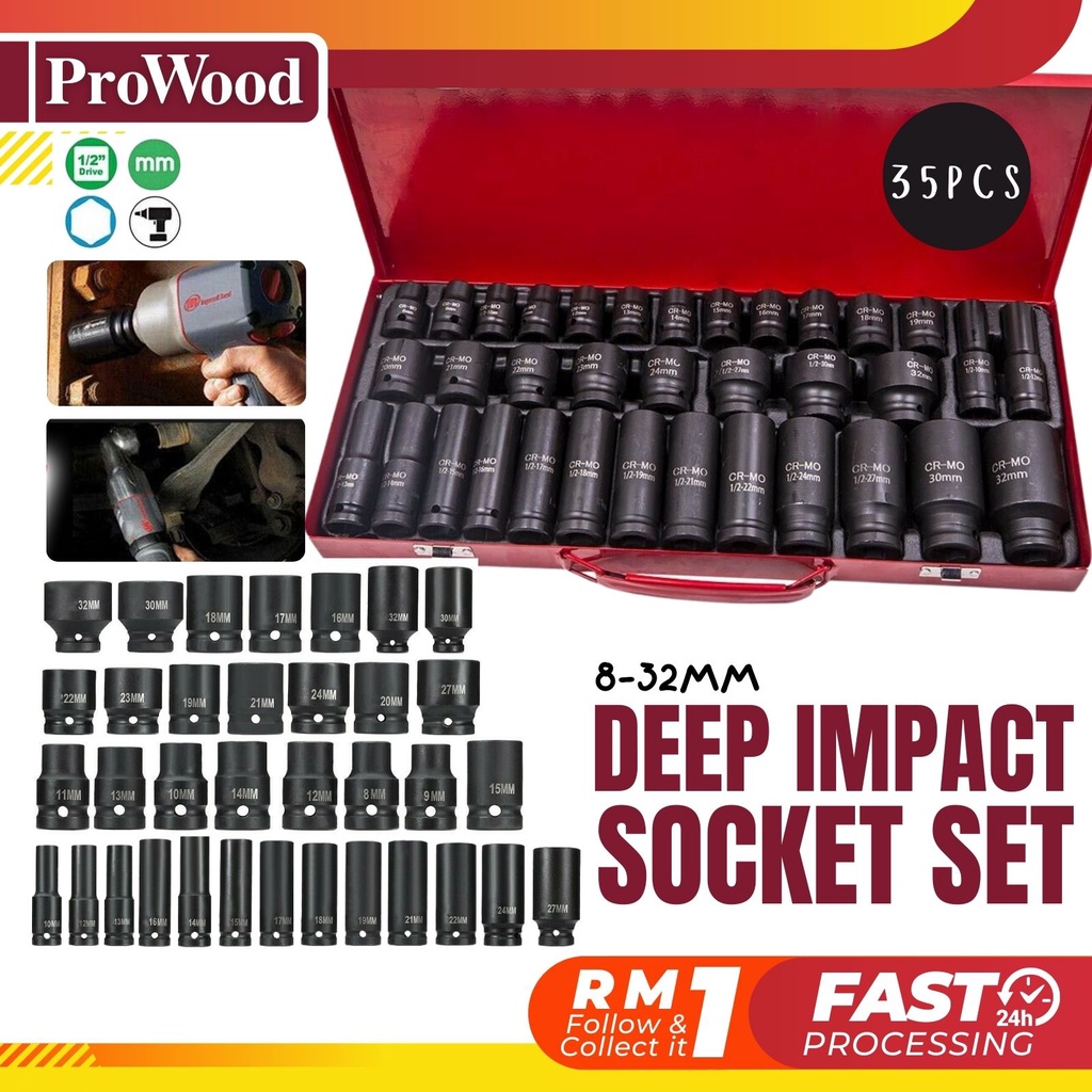 35Pcs 1/2” 8-32mm Deep Impact Ratchet Wrench Socket 1/2in Drive Metric ...