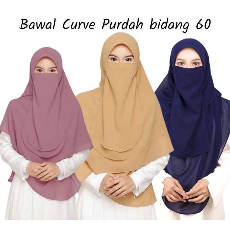 Tudung bawal purdah bucu CURVE bidang 60 heavy chiffon bucu bulat ...