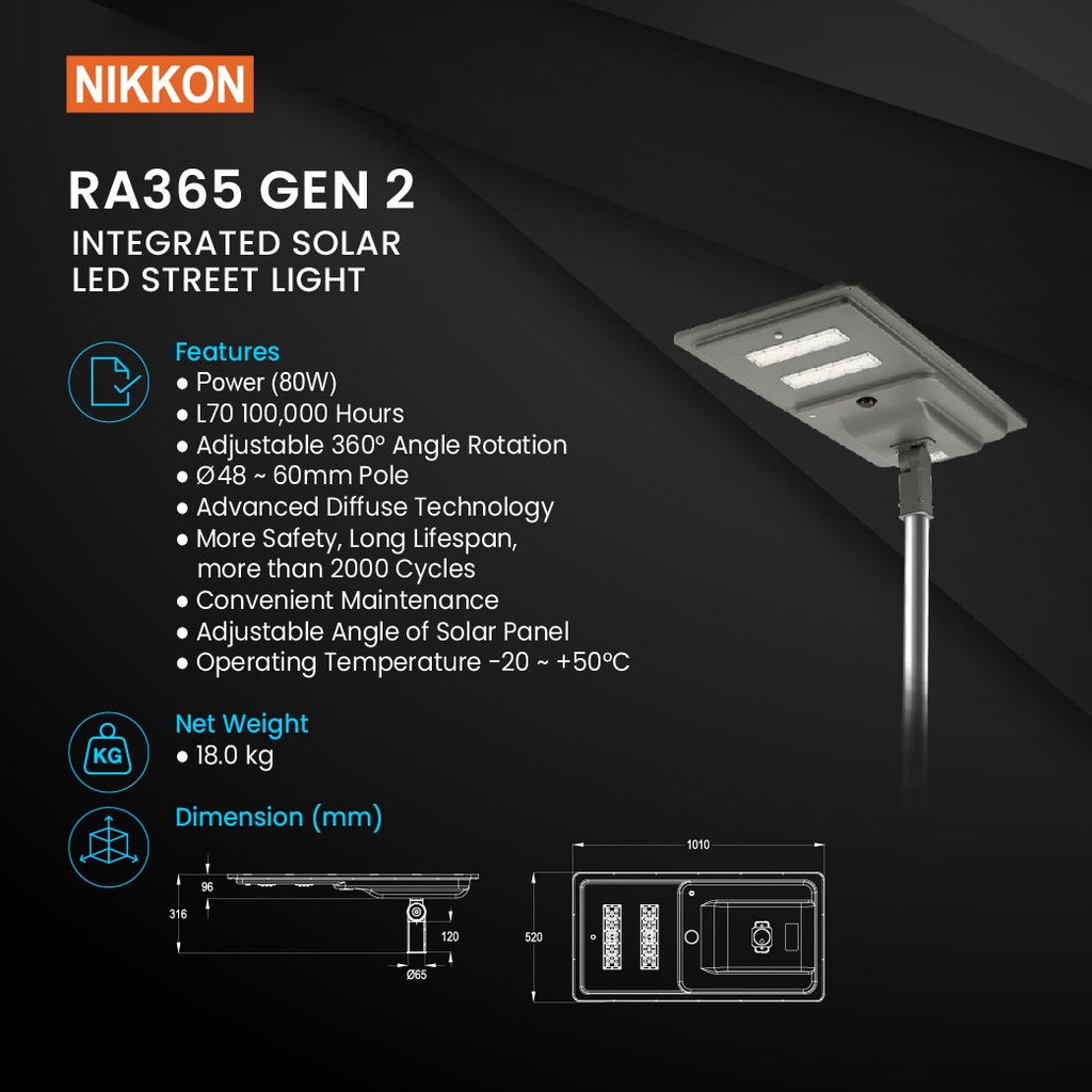 NIKKON RA365 GEN2 Integrated Solar LED Street Light + Motion Sensor ...