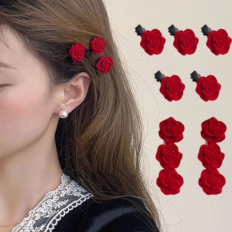 Women Flocking Red Rose Hair Clip/Temperament Bangs Side Clip/Braided ...