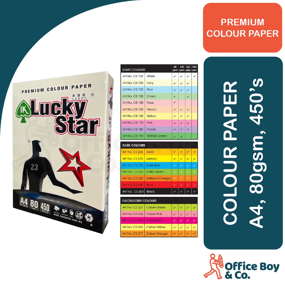 A4 IK Lucky Star 80gsm Colour Paper 450 Sheets / Kertas Warna A4 ( Premium Color Paper ...