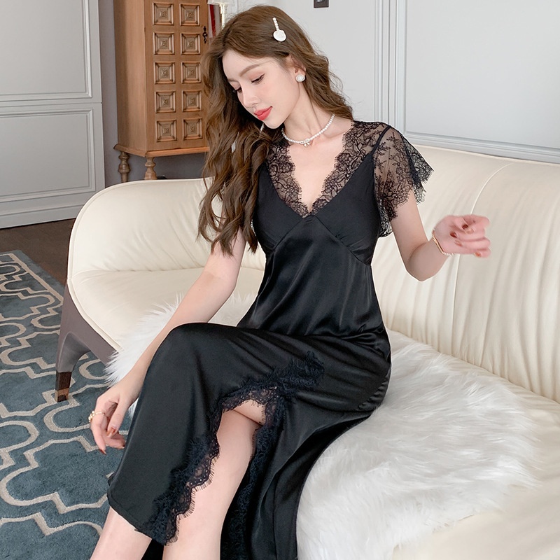 Sexy Lace Nightdress Womens 2023 New French Split Short Sleeve