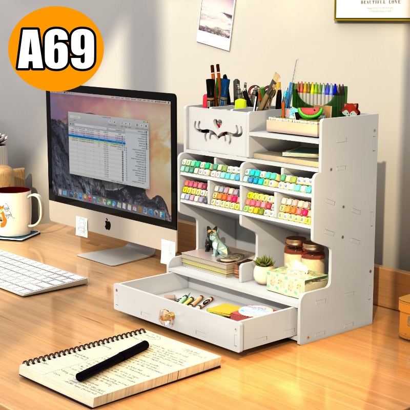 D.I.Y Wooden White Desk Organiser with Drawer Multifunctional Pen ...