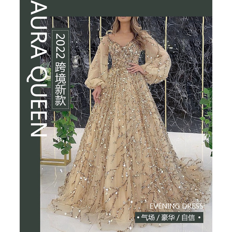 2023 New Style Golden Heavy Industry Beaded Luxury Dress Sexy Celebrity Evening Dress Banquet ...