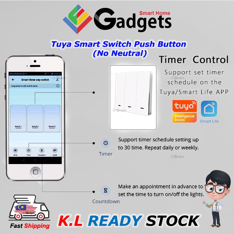 Tuya Smart Switch with Push Button No Neutral WiFi Zigbee works with ...