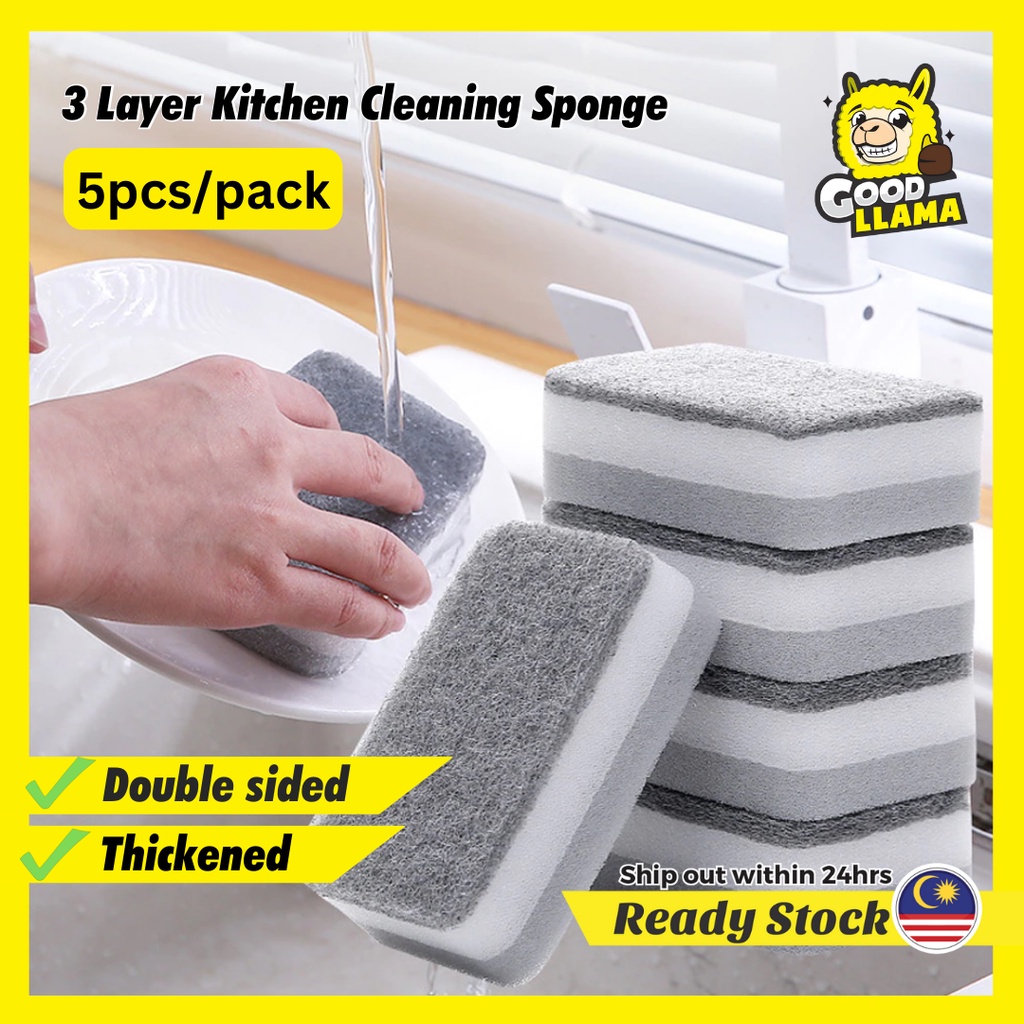 GOOD LLAMA 5PCS 3 Layer Thickened Dishwash Sponge Grey High Density ...
