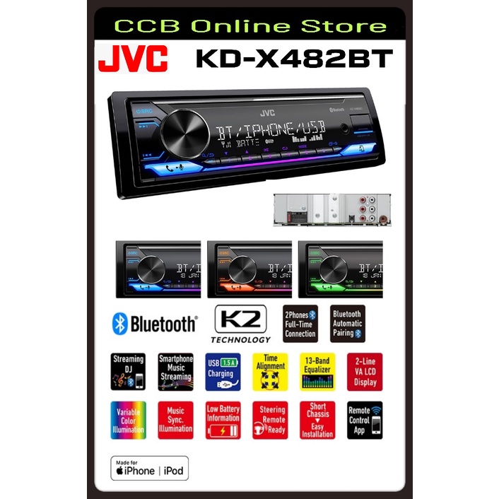 JVC KD-X482BT Digital Media Receiver Bluetooth®/USB/13-Band EQ/Variable ...