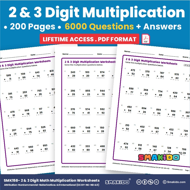 [ Soft Copy/PDF ] 6000 Questions 2 & 3 Digit Multiplication Math ...