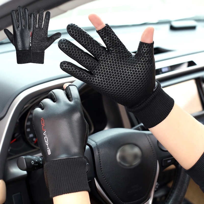 Five Fingers Touch Screen Mittens Palm No-slip Leather Gloves Black ...
