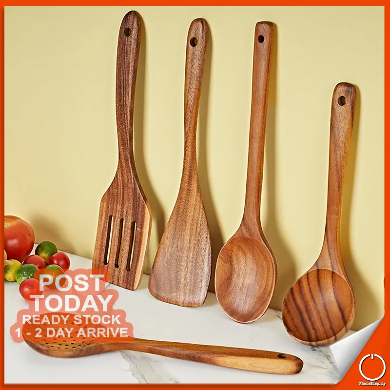 𝐍𝐎 𝐂𝐎𝐀𝐓𝐈𝐍𝐆 6pcs Wood Kitchen Utensils Set Wooden Spatula Spoon Laddle ...