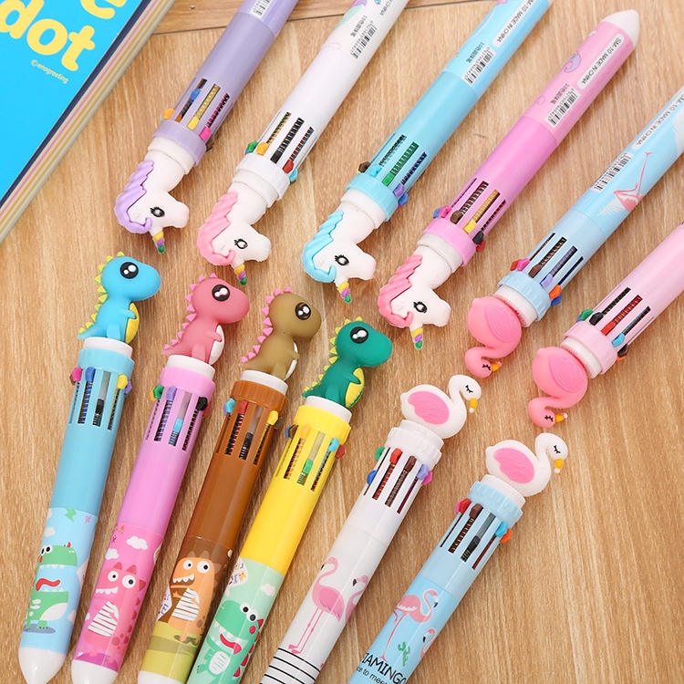 10 in 1 Cartoon Pen 10 color Retractable Unicorn Dinosaur ten colors ...