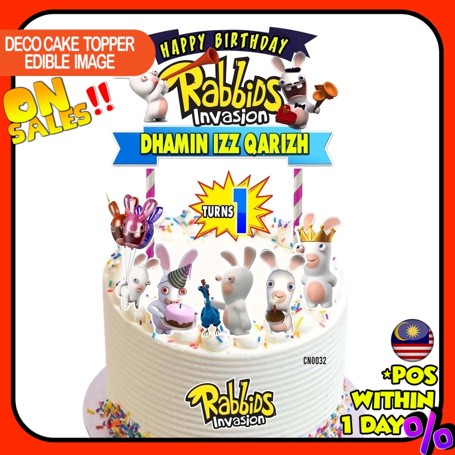 CUSTOM NAME Happy Birthday Cake Topper Rabbit Rabbids Invasion Boy Girl ...