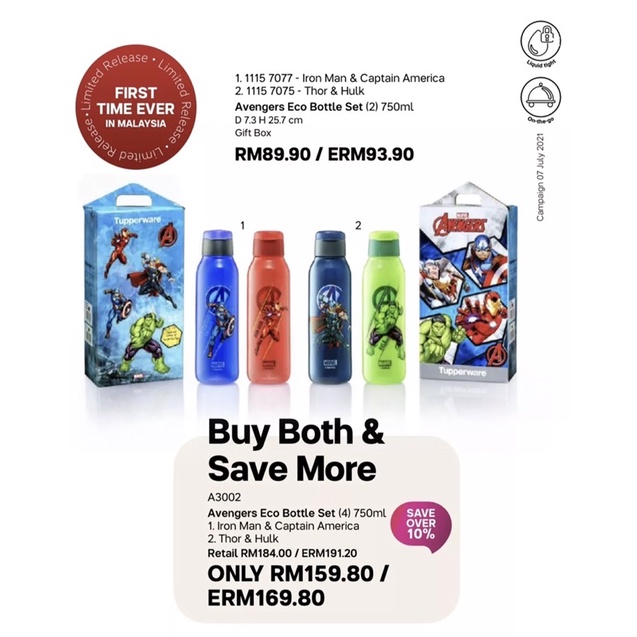 Tupperware Avangers Eco Bottle 750ml - Iron Man / Captain America ...