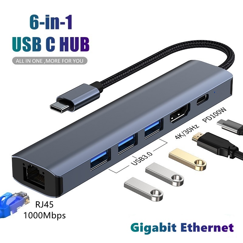 USB C Hub 6-in-1 1000Mbps Lan Dock USB C To 4K HDMI Adapter with PD ...