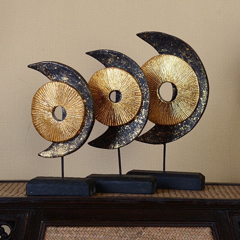 Golden Moon Wood Statue Decoration Vintage Style Moon Statue Home Decor ...