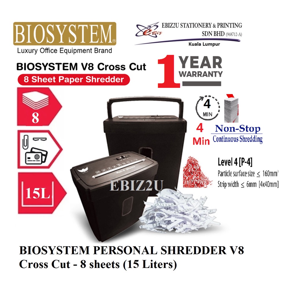 BIOSYSTEM PERSONAL SHREDDER V8 Cross Cut - 8 sheets (15 Liters ...