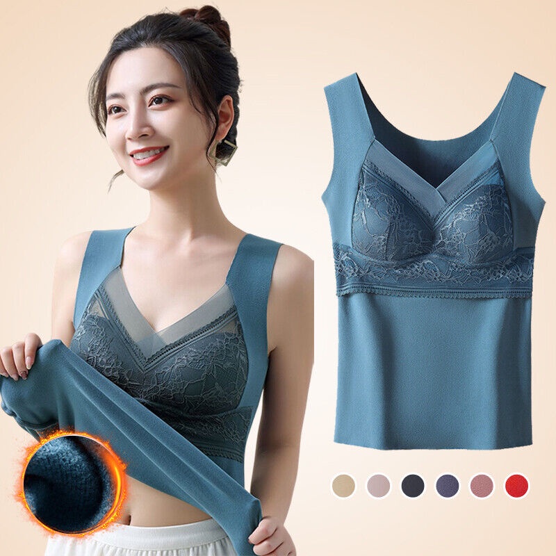 2-in-1 Built-in Bra Thermal Underwear High Stretch Warm Vest Tops Tanks ...