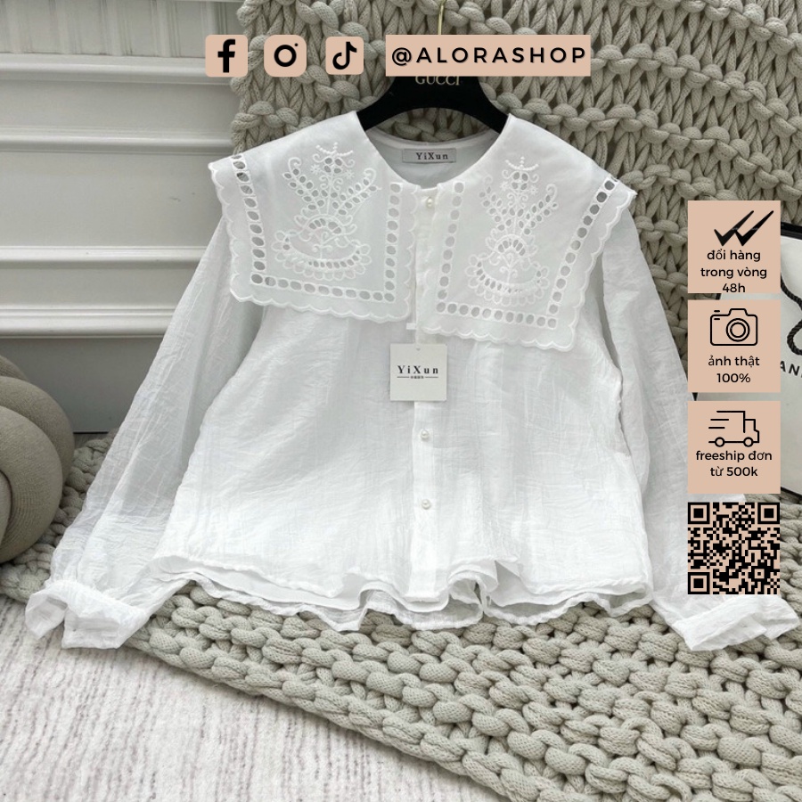 White shirt embroidered with flower duckweed neck with puff sleeves ...