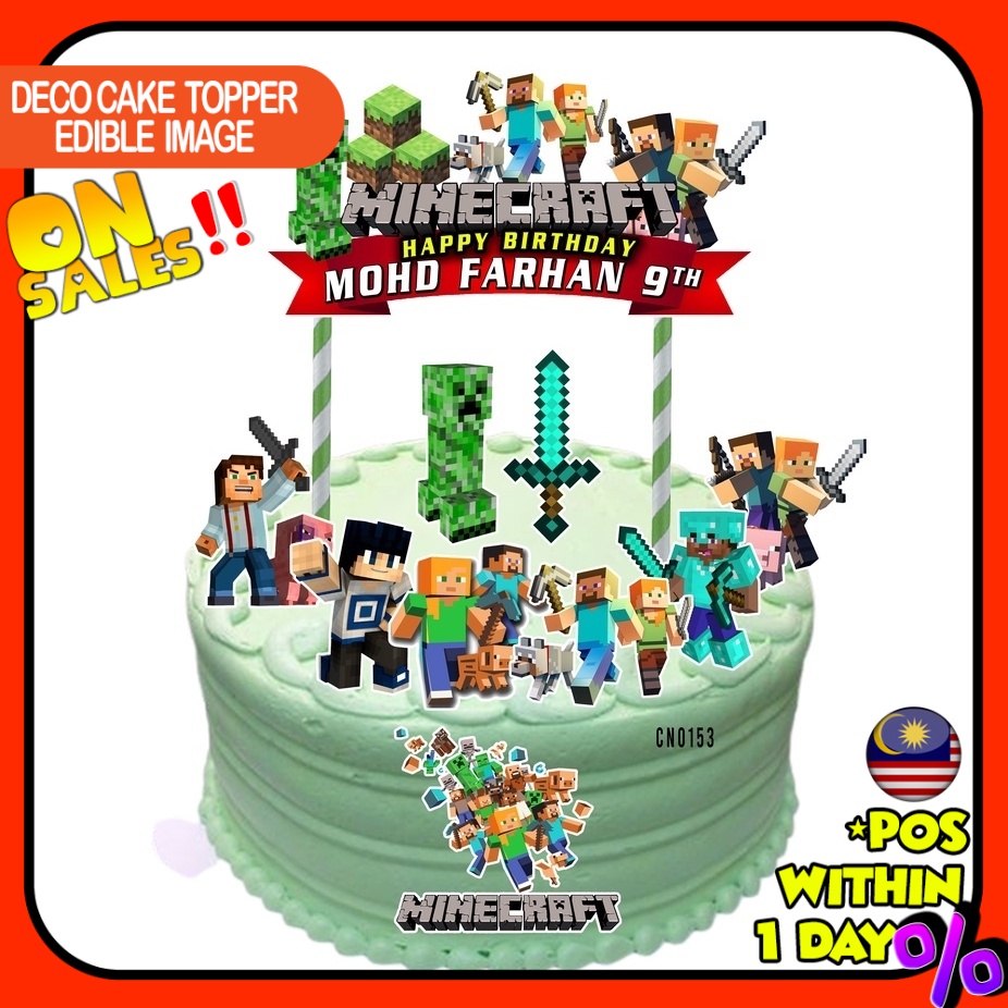 [CUSTOM NAME] Happy Birthday Cake Topper Minecraft Decoration Kek ...