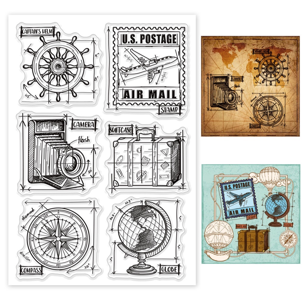 1Sheet Travel Themed Plastic Clear Stamp, Camera Trunk Compass Globe ...