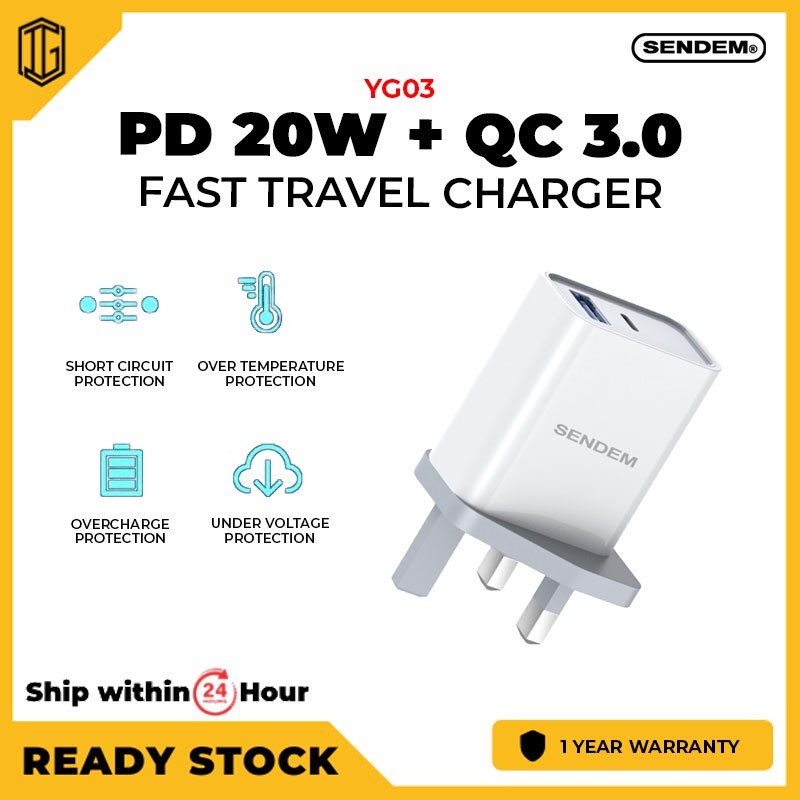 SENDEM YG03 PD20W + QC3.0 Fast Travel Charger VOOC Dual-Engine Flash ...