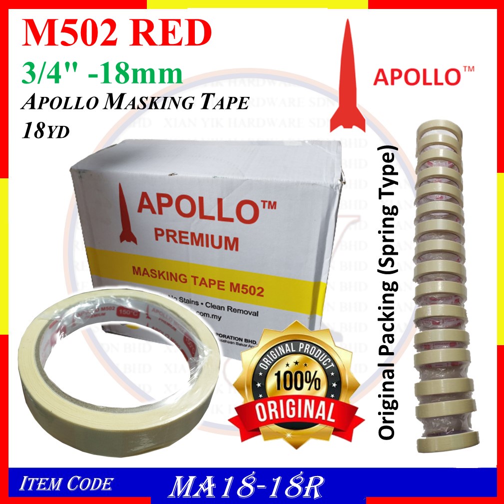 100% ORIGINAL MA18-18R [ 1ctn X 192roll ] M502 18mm X 18Y APOLLO MASKING TAPE ( GRADE ONE ...