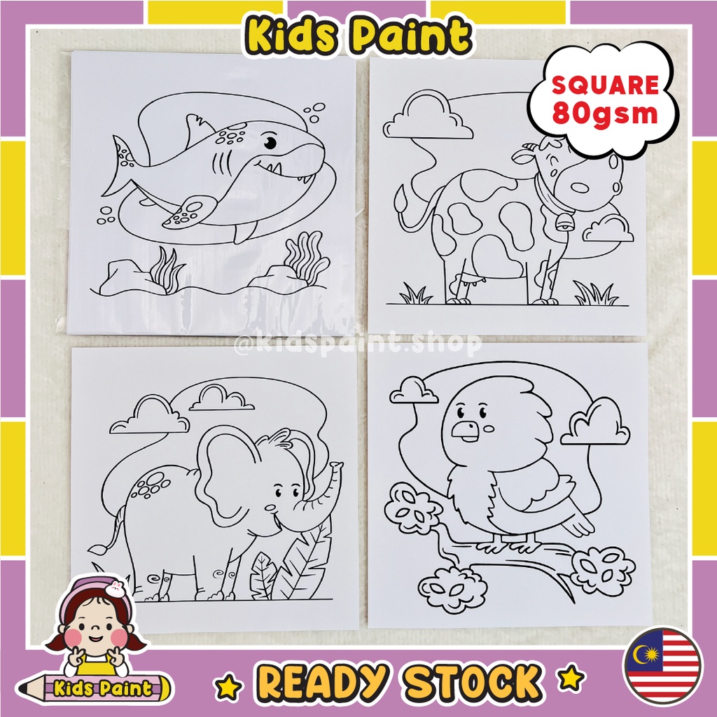 [KidsPaint] Cartoon Animals 14 Sheets Kids Coloring Paper (Square ...