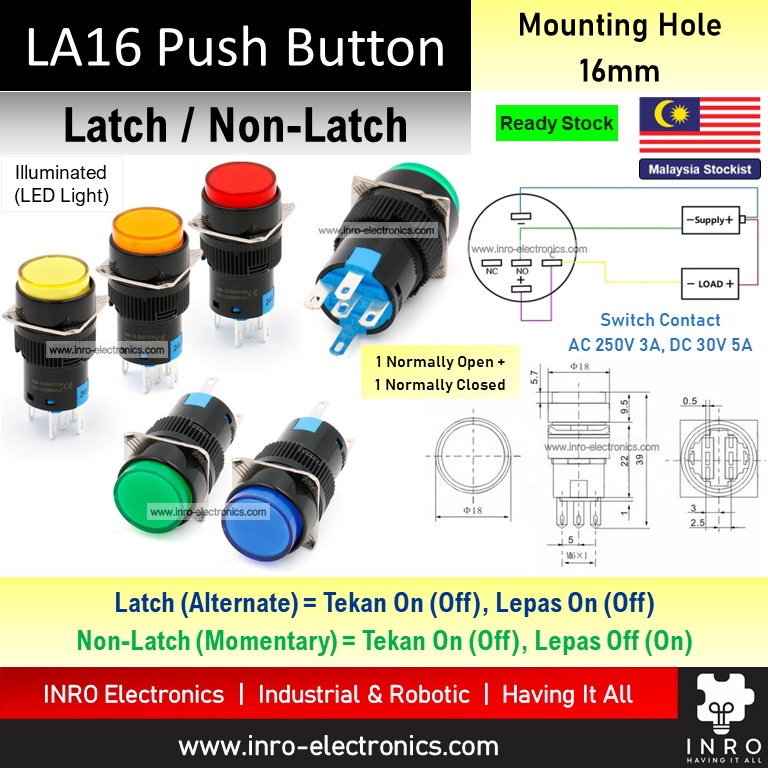 16mm LA16 Industrial LED Push Button, Round Push Switch, NC, NO ...