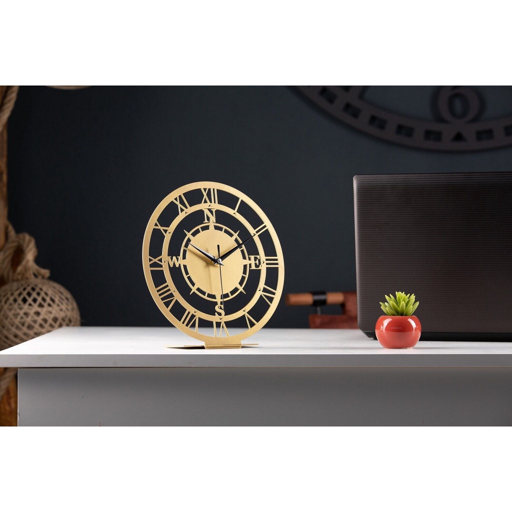 Compass Themed Gold Metal Clock, Modern Tabletop Silent Mechanism ...