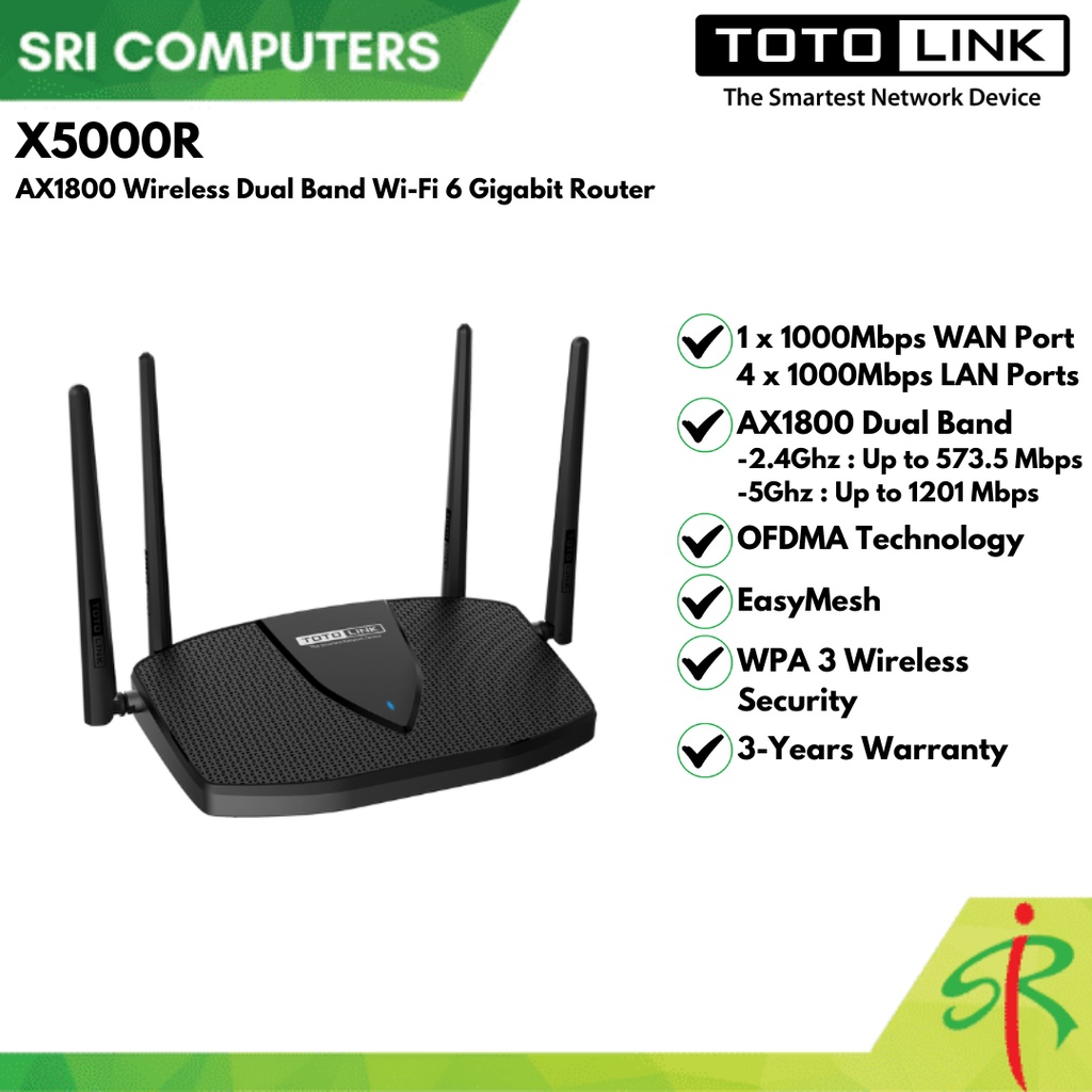 [3-YEARS WARRANTY] TOTOLINK X5000R AX1800 Wireless Dual Band Wi-Fi 6 Gigabit Router | Shopee ...