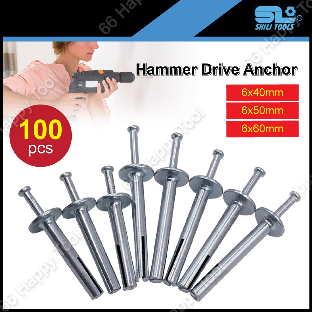 (100pcs) Shili Tools Hammer Drive Anchor DNA Wall Plug Paku Besi 6mm x 40mm 50mm 60mm Zinc Alloy ...