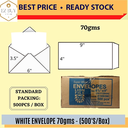 WHITE ENVELOPE -500'S/Box / 70GMS /3.5" X 6" / 4" X 9"/ WHITE ENVELOPE ...