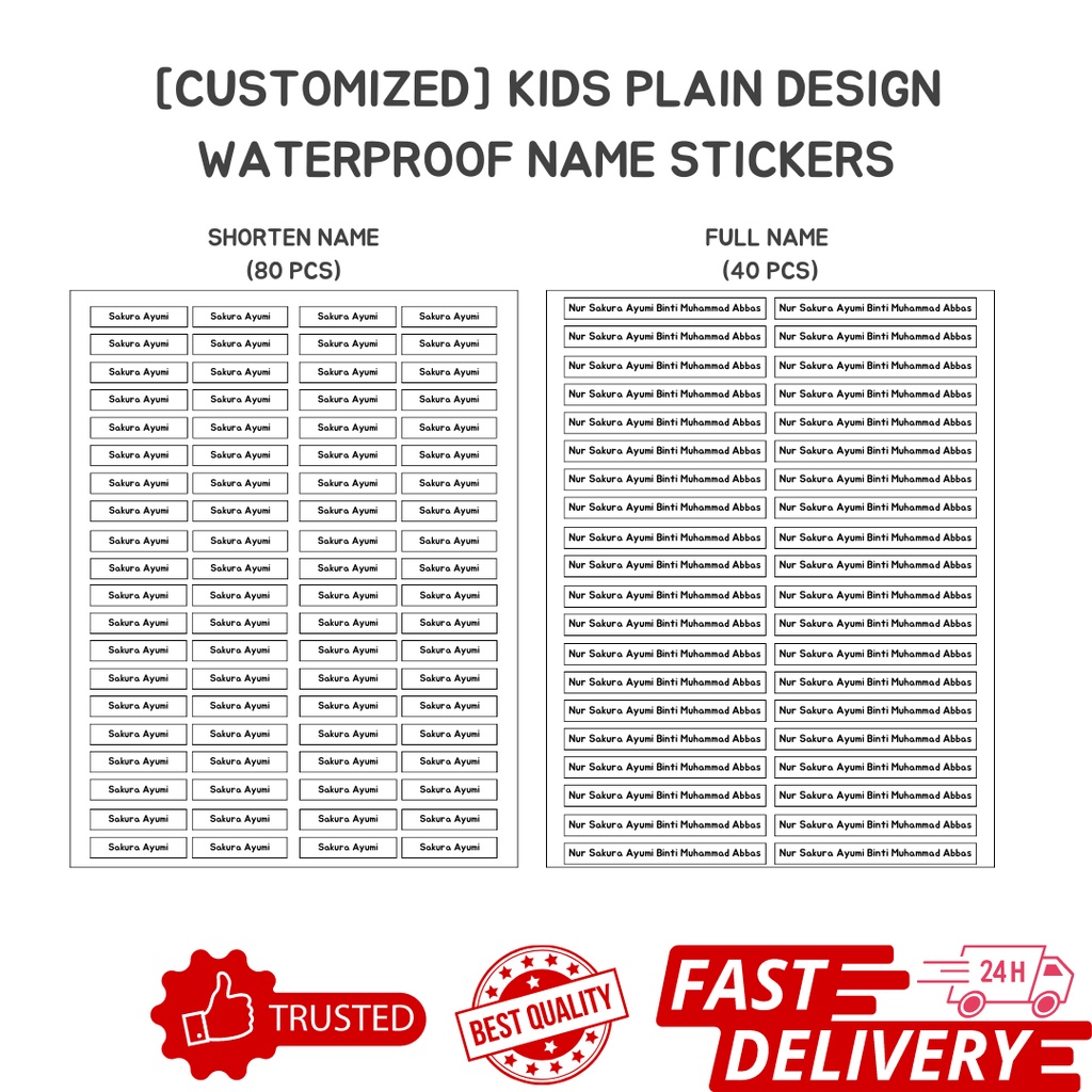 [CUSTOM]MURAH 80/54/40 Pcs Plain White Background Waterproof Name ...