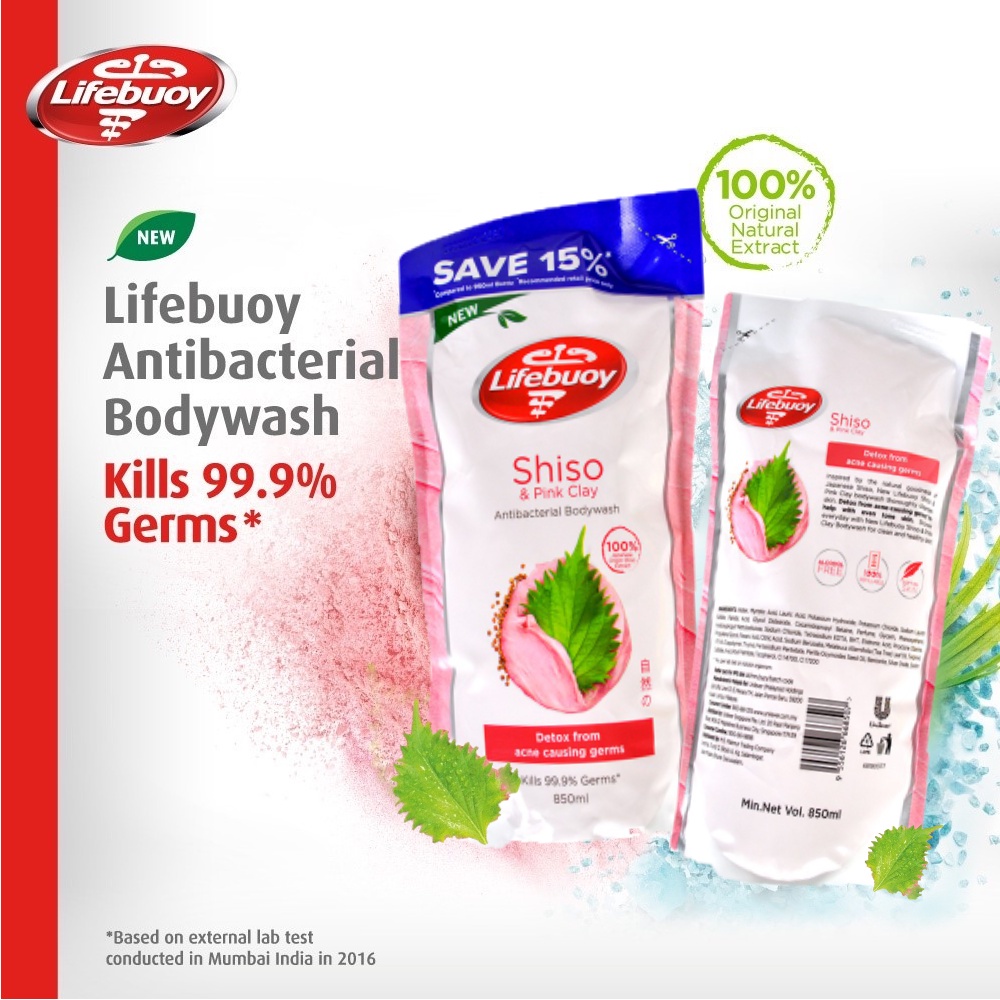 Lifebouy New Antibacterial Bodywash Shiso & Pink Clay Refill Detox From Acne Kills 99.9% Germ ...