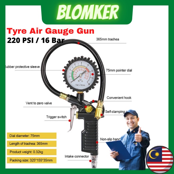 Heavy Duty 220 PSI Tyre Inflator Gauge with Hose and Quick Connect Plug ...