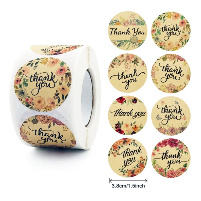 Thank You Kraft Floral Sticker Flower Motif Sticker Gift Tag Envelope ...