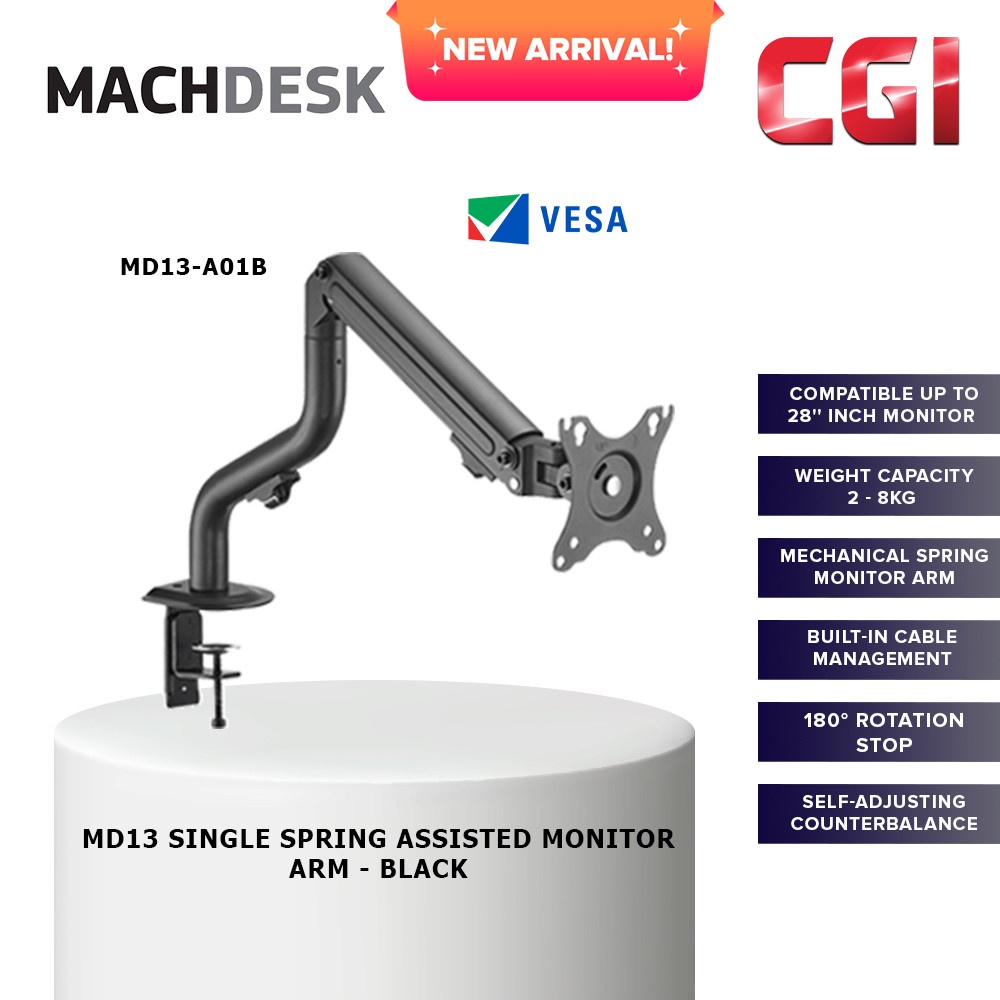 Machdesk MD13 Single Spring Assisted Monitor Arm Black (MD13-A01B ...