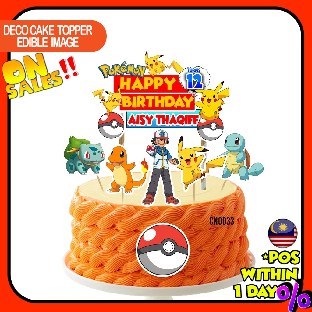 [CUSTOM NAME] Happy Birthday Cake Topper Pokemon Pikachu Decoration Kek ...