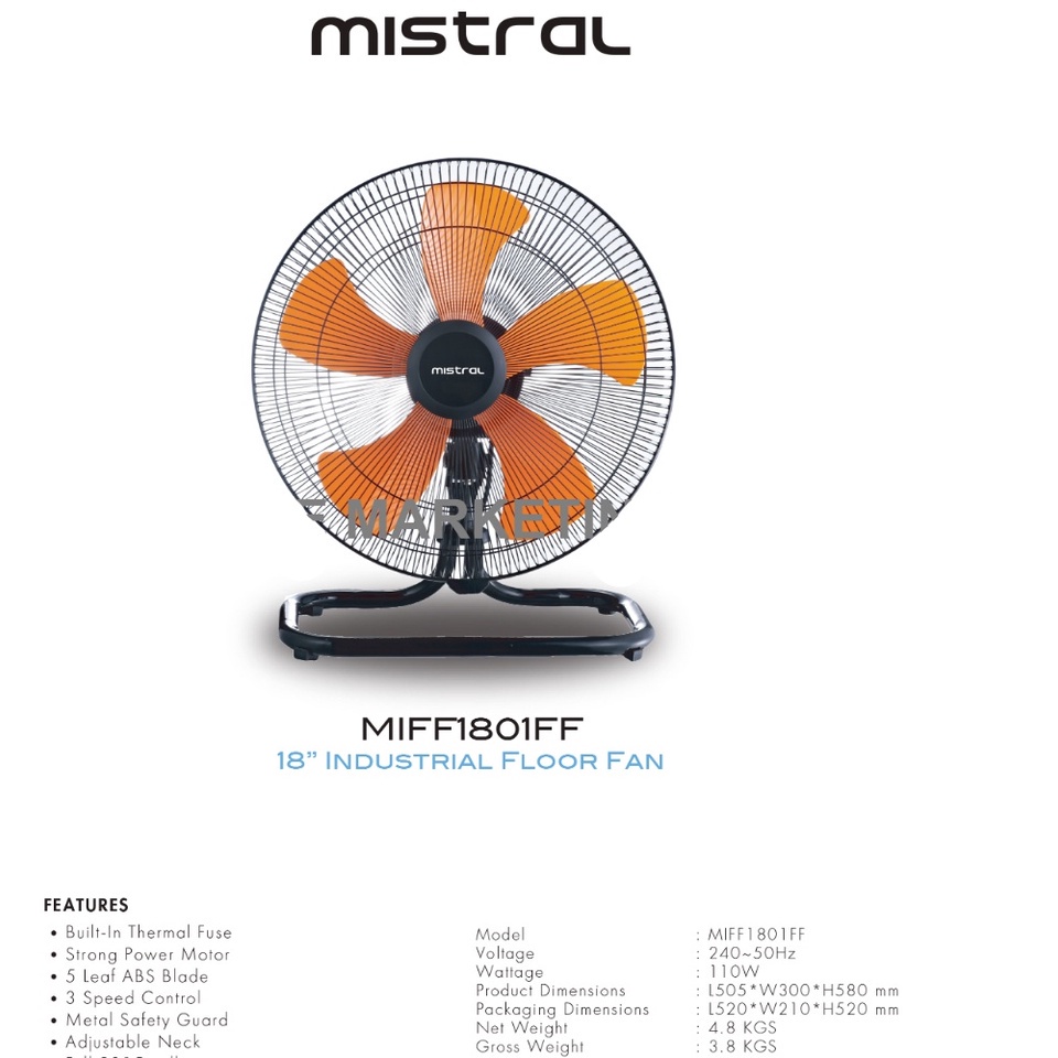 Mistral MIFF1801FF 18” Industrial Floor Fan With Adjustable Neck ...