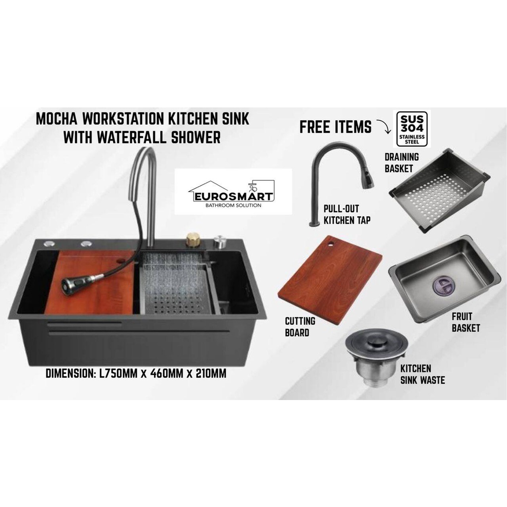 MOCHA Brand Handmade Workstation + Flying Rain Waterfall Stainless ...