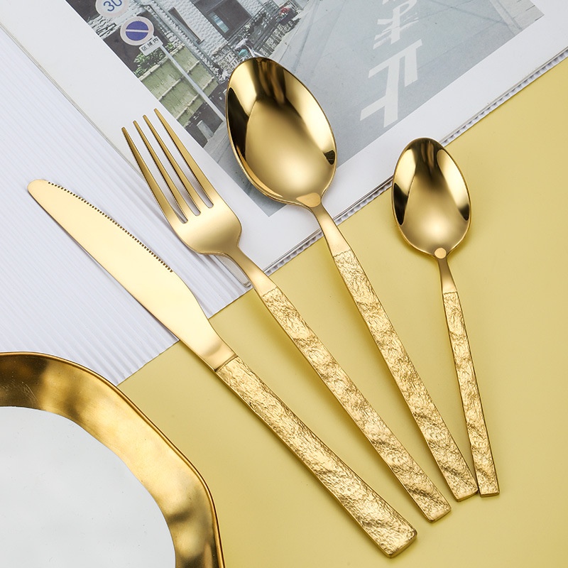 Creative simple handle stainless steel cutlery set home living gold table spoon fork set ...