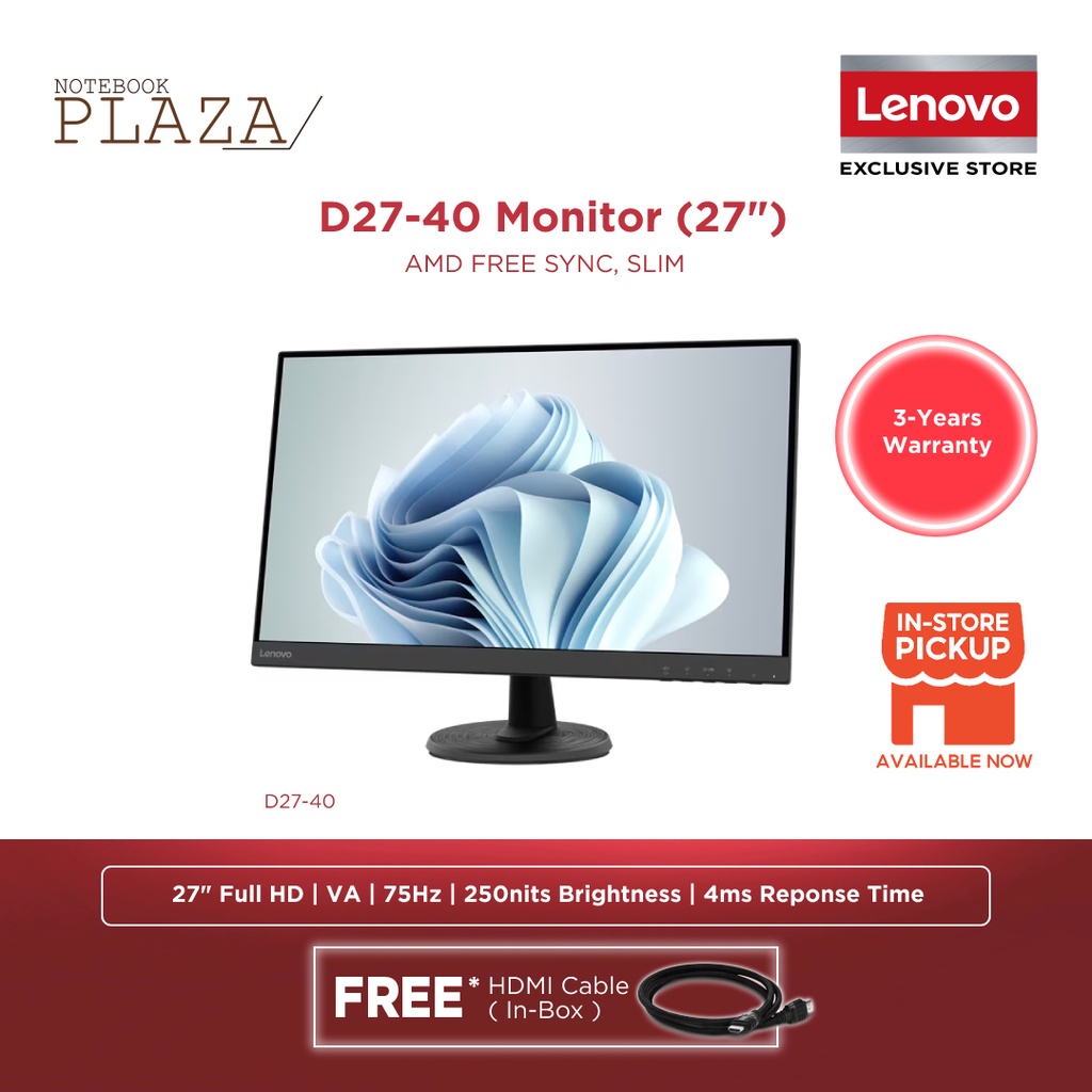 Lenovo D27-40 27" FHD 75Hz Monitor Black ( HDMI, VGA, 3 Yrs Wrty ) | Shopee Malaysia