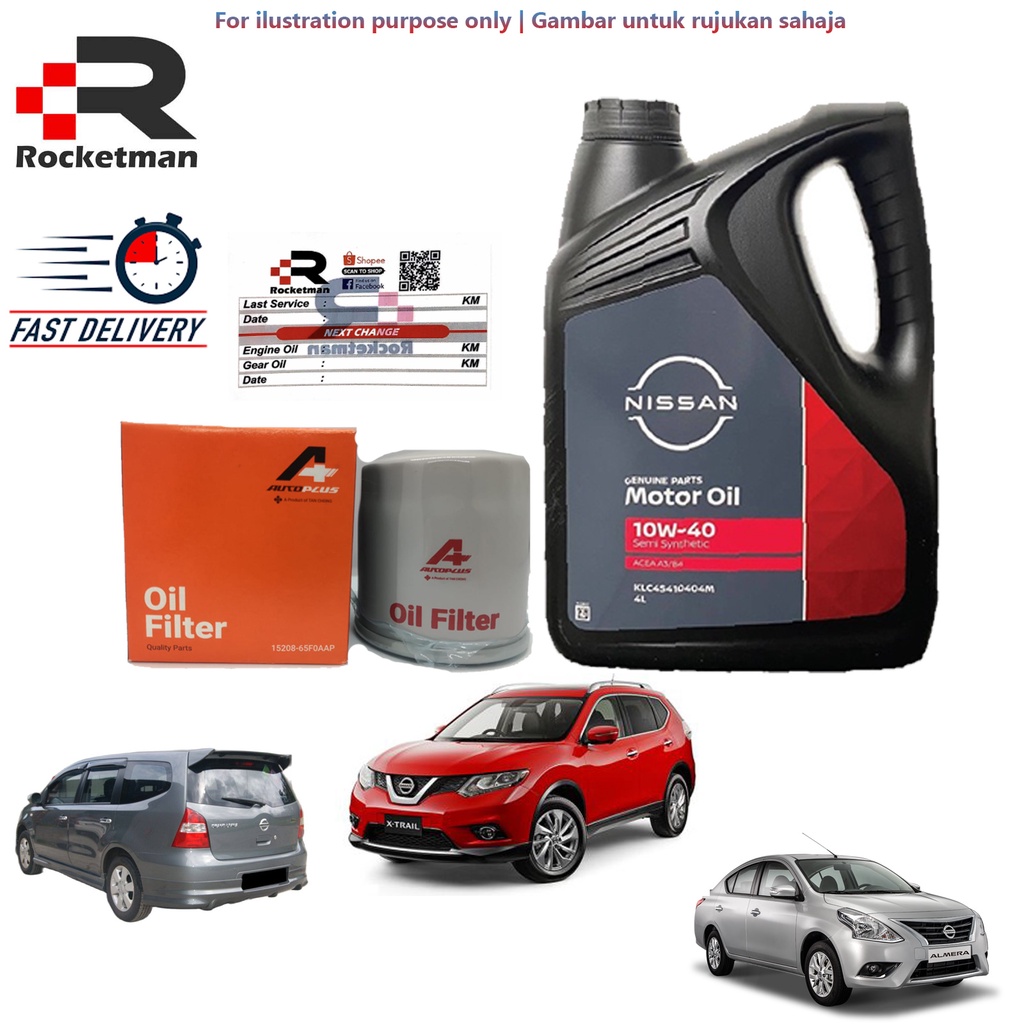 NISSAN ENGINE OIL 10W40 SEMI SYNTHETIC + OIL FILTER + MILEAGE STICKER ...