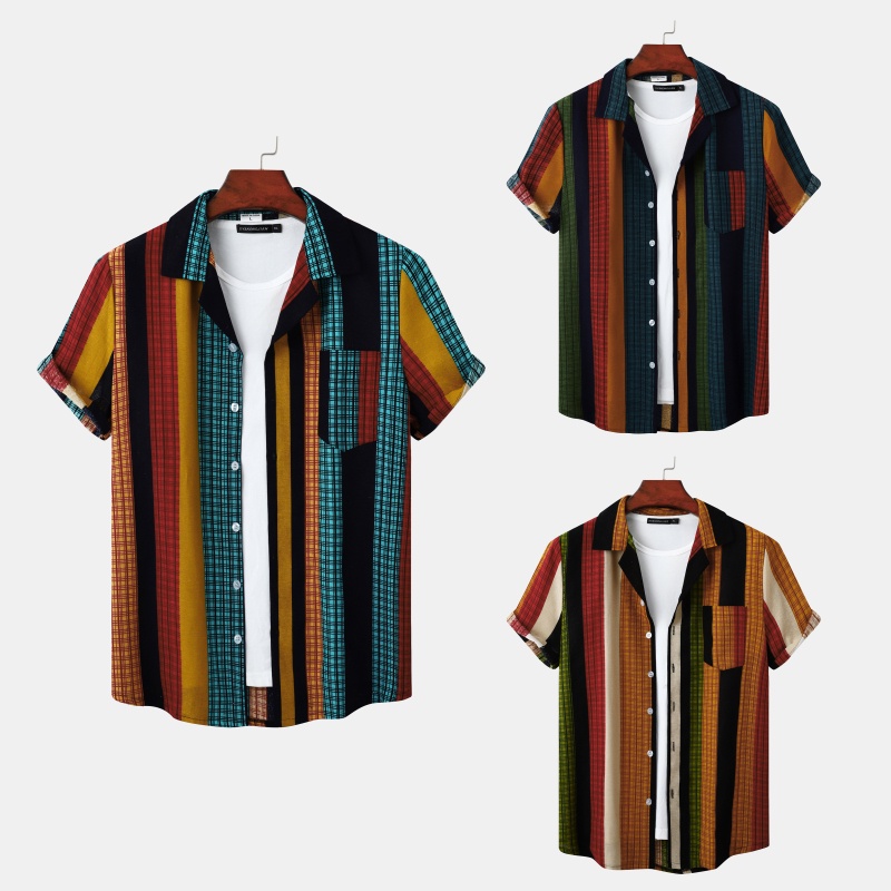 Mens New Beach Style Cotton Linen Stripe Short Sleeve Shirt Baju Murah