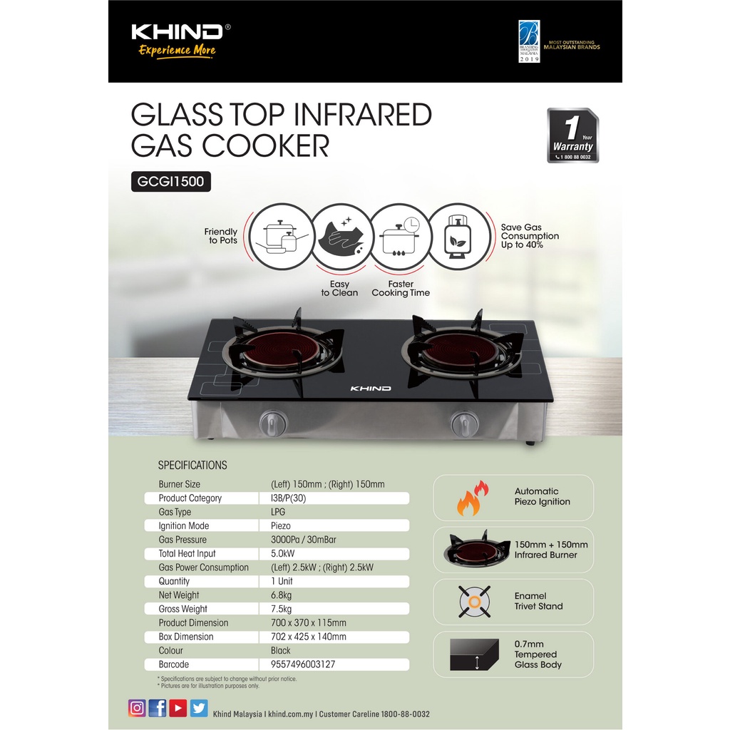 Khind Glass Top Infrared Gas Cooker GCGI1500(New arrival) | Shopee Malaysia